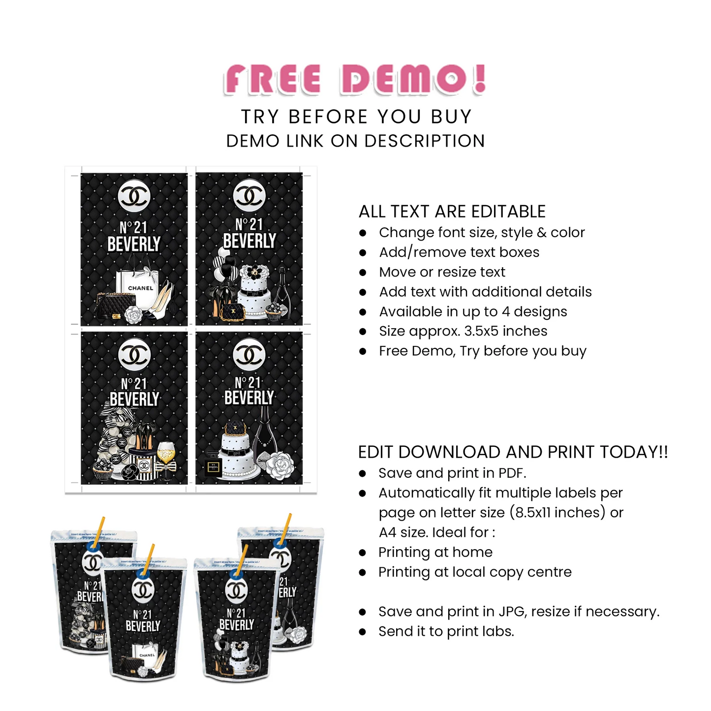 Chanel Inspired Juice Pouch Label Chic Template – PartyDaz