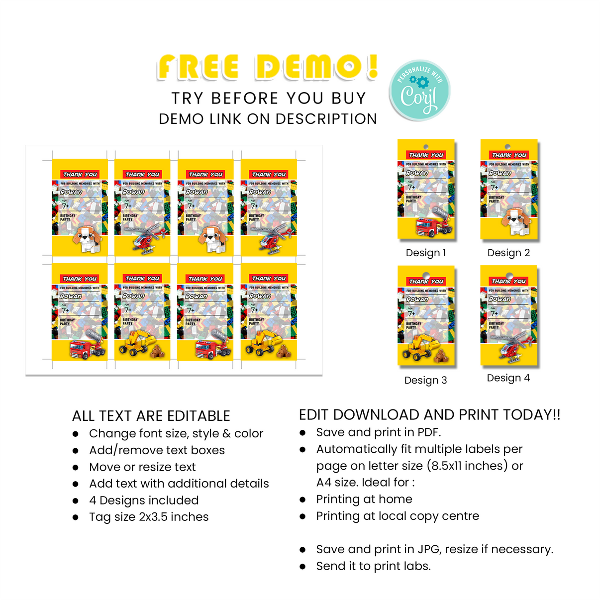 Favor Tags/Thank You Tags with Bricks, Building Blocks Theme - Show Yo ...