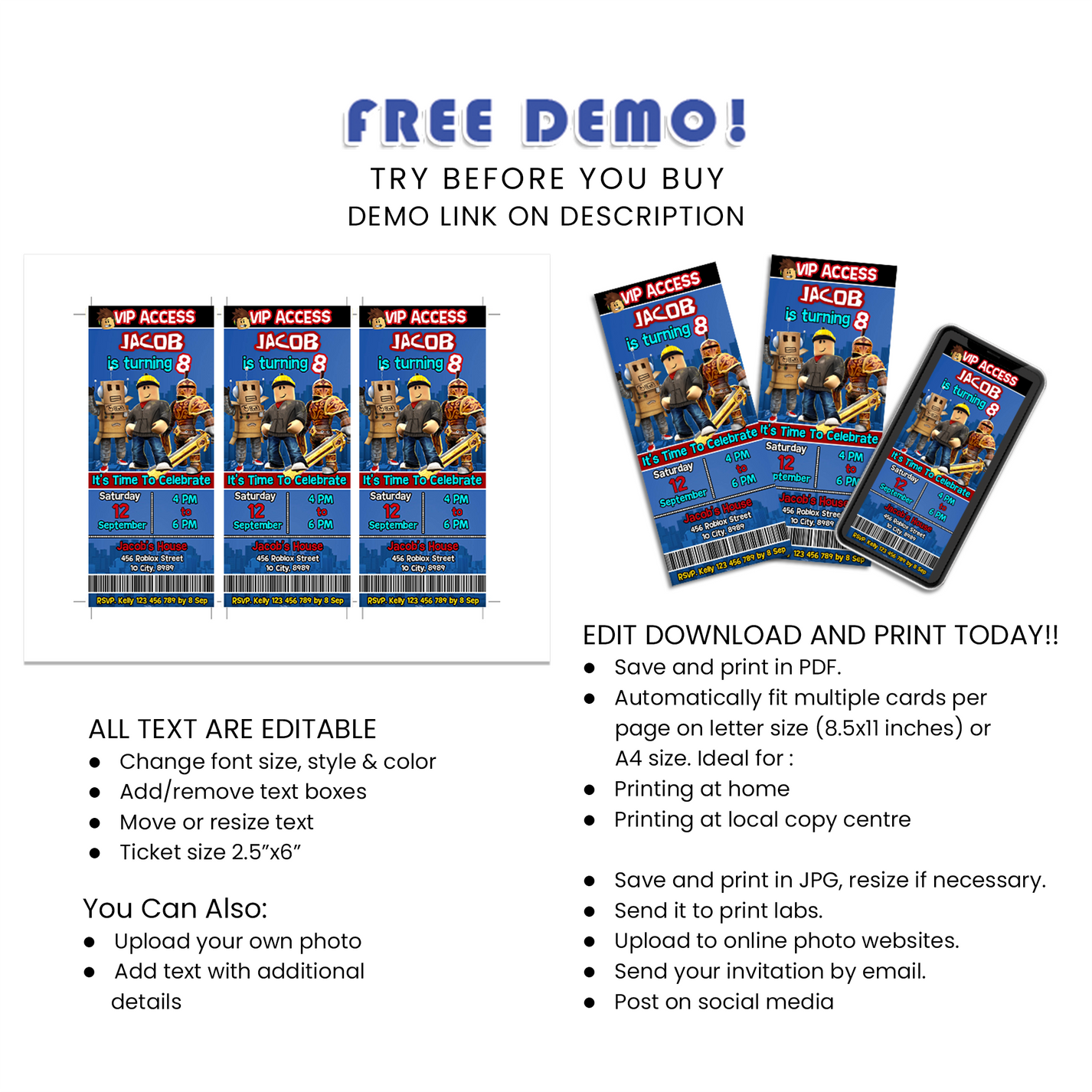 Roblox Personalized Birthday Ticket Invitations - Exciting Way to Invi ...