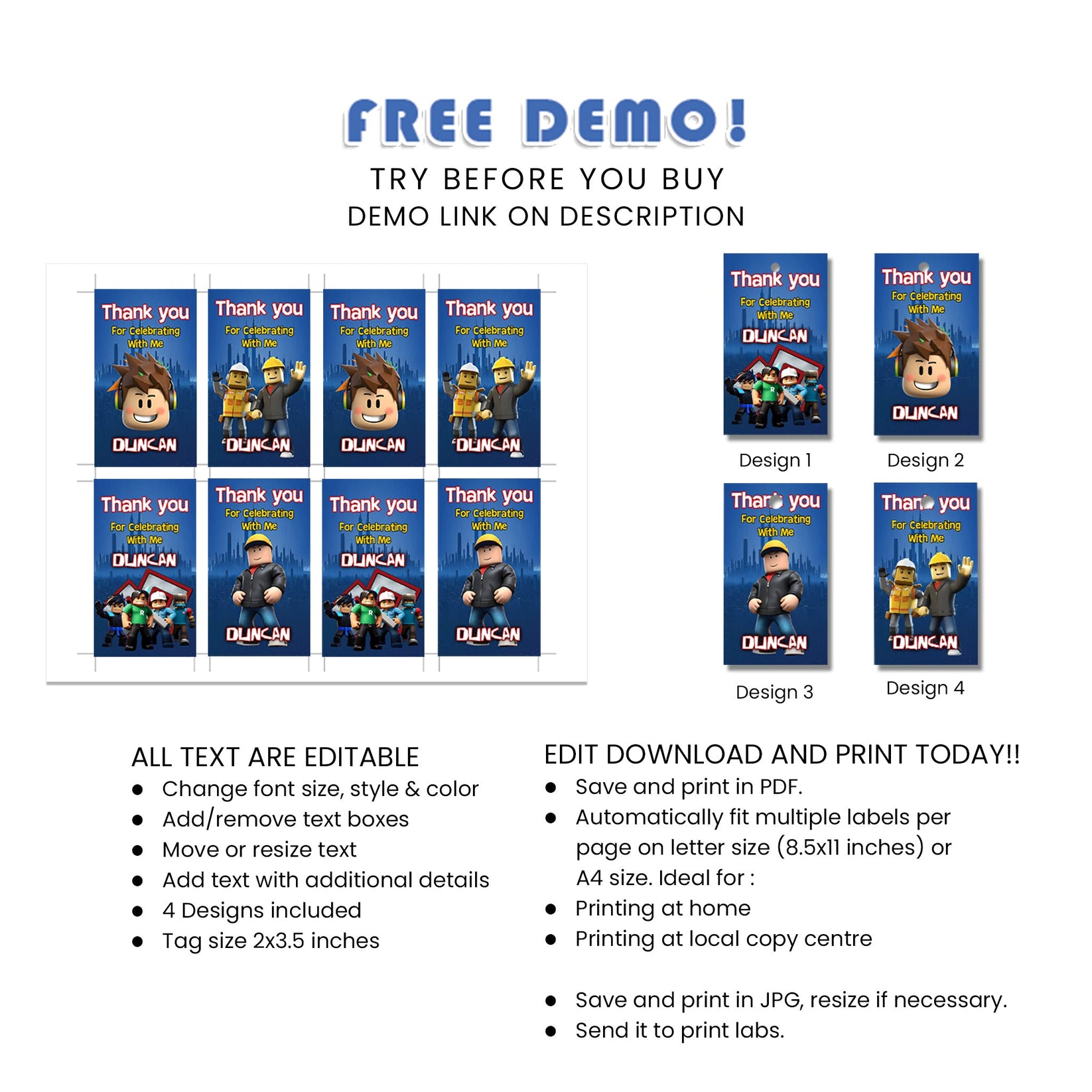 Show Your Appreciation with Our Roblox Themed Favor Tags - Perfect for ...