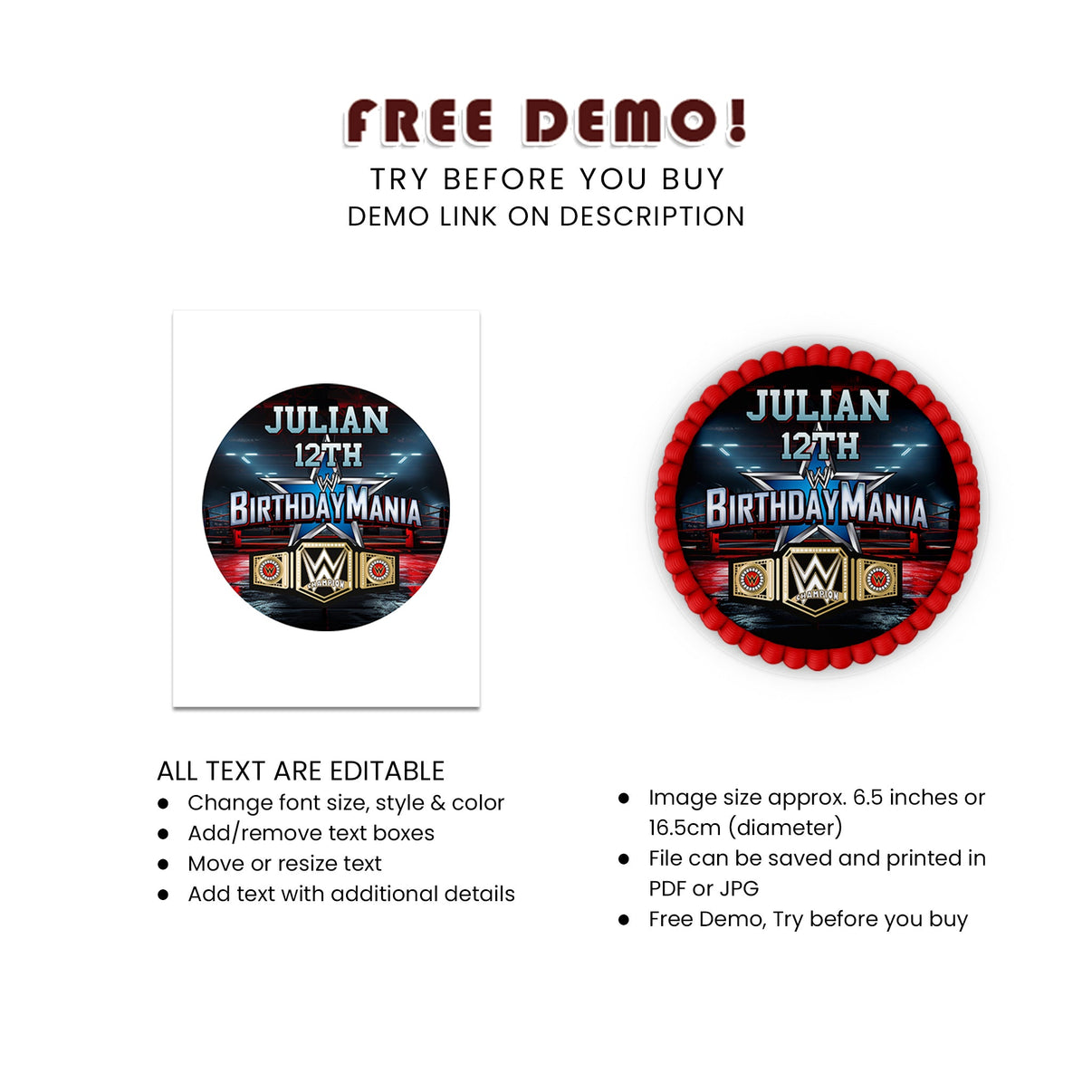 Round Personalized Birthday Mania Cake Images - Ideal for Wrestling-Th ...
